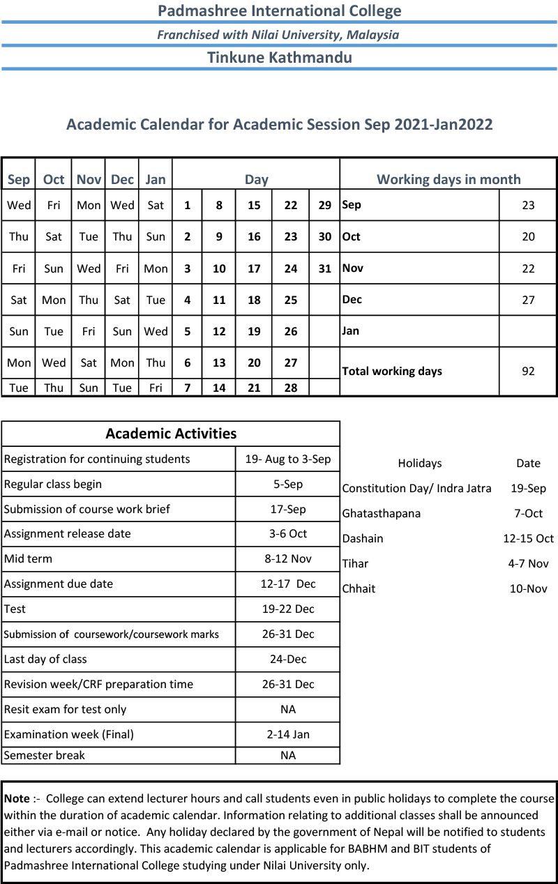 Academic Calendar Sep-Dec 2021