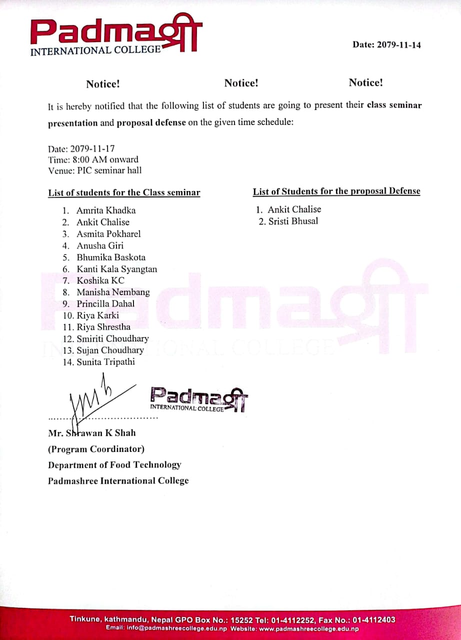 B.Tech (Food) Class Seminar Presentation and Proposal Defense Notice
