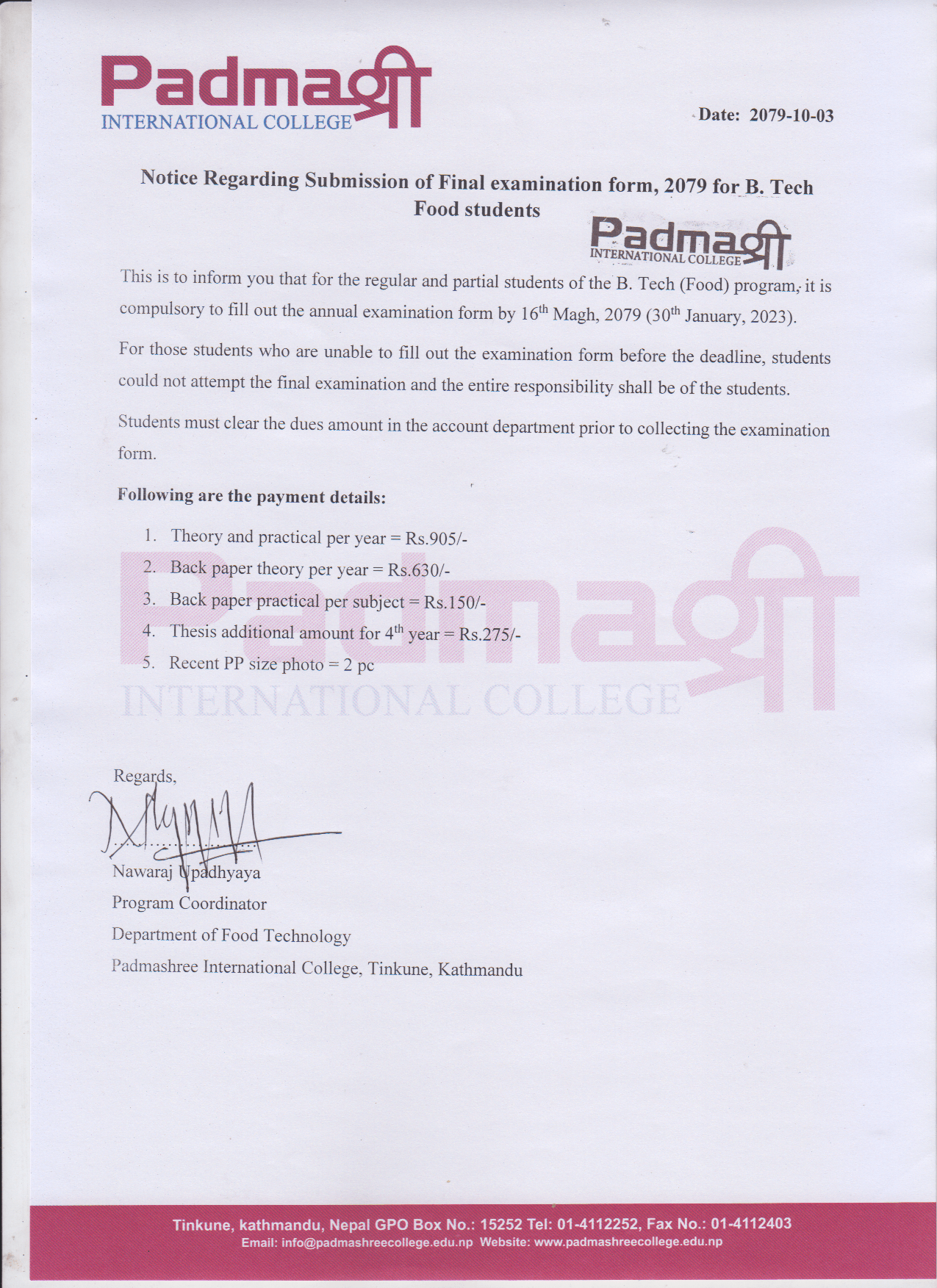 B.Tech (Food) Examination Form Submission Notice