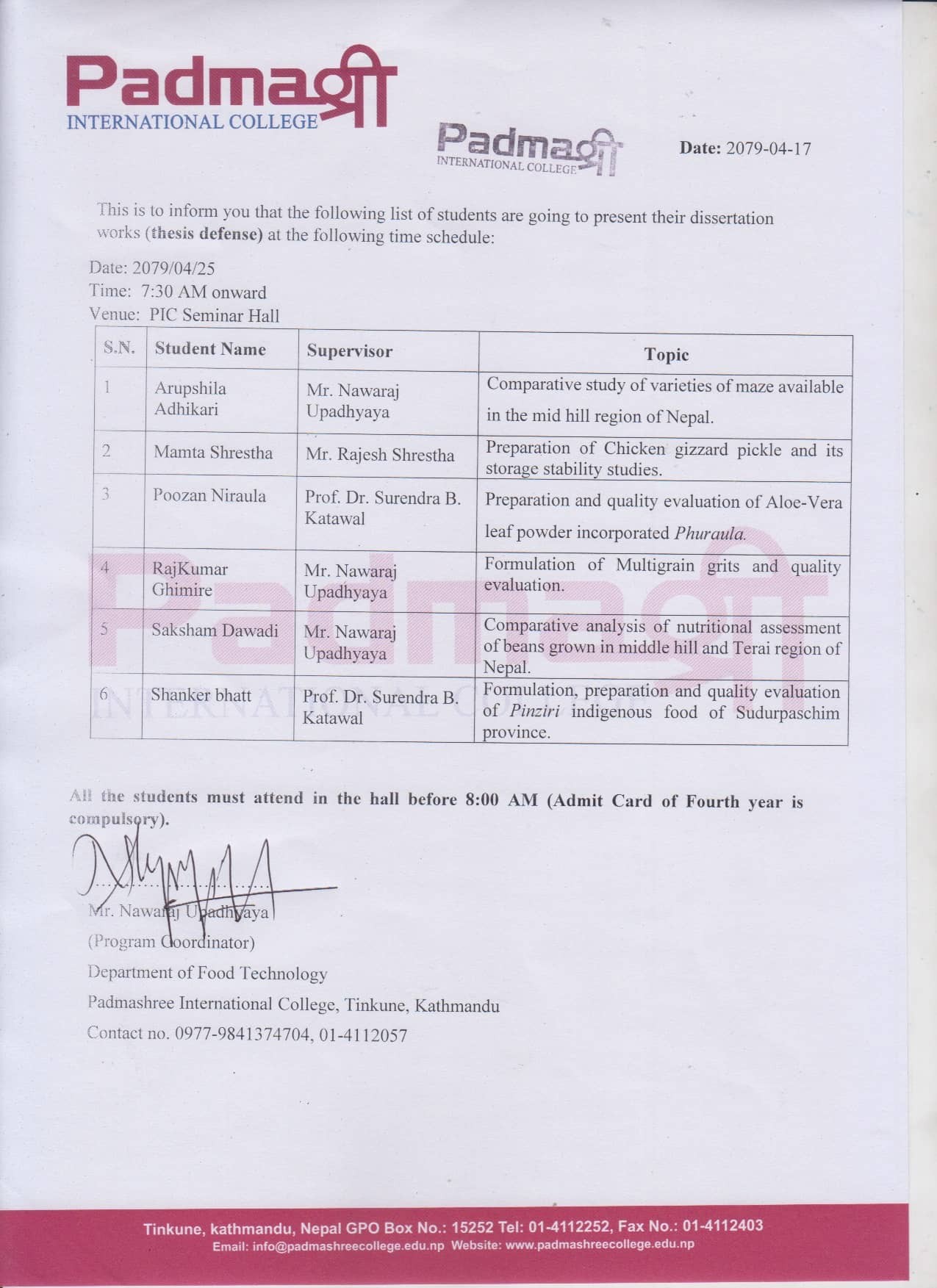 B.Tech(Food) Thesis Defense Shrawan - 2079