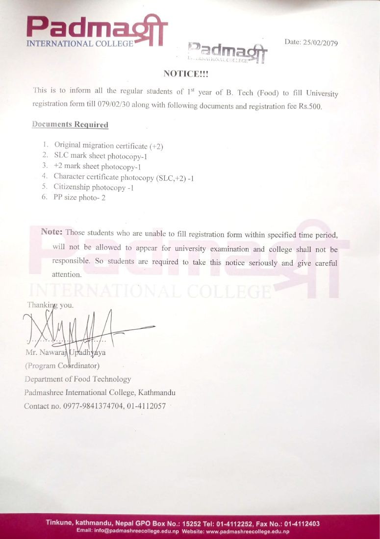 B.Tech(Food) form fill up notice Jestha-2079