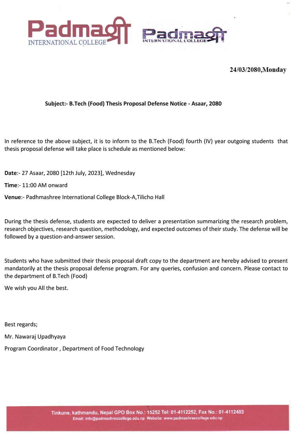 B.Tech (Food) Thesis Proposal Defense Notice - Asaar, 2080