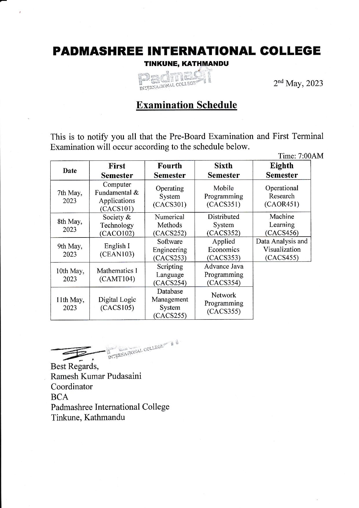 BCA First, Fourth, Sixth and Eighth Semester Pre-Board Exam Schedule