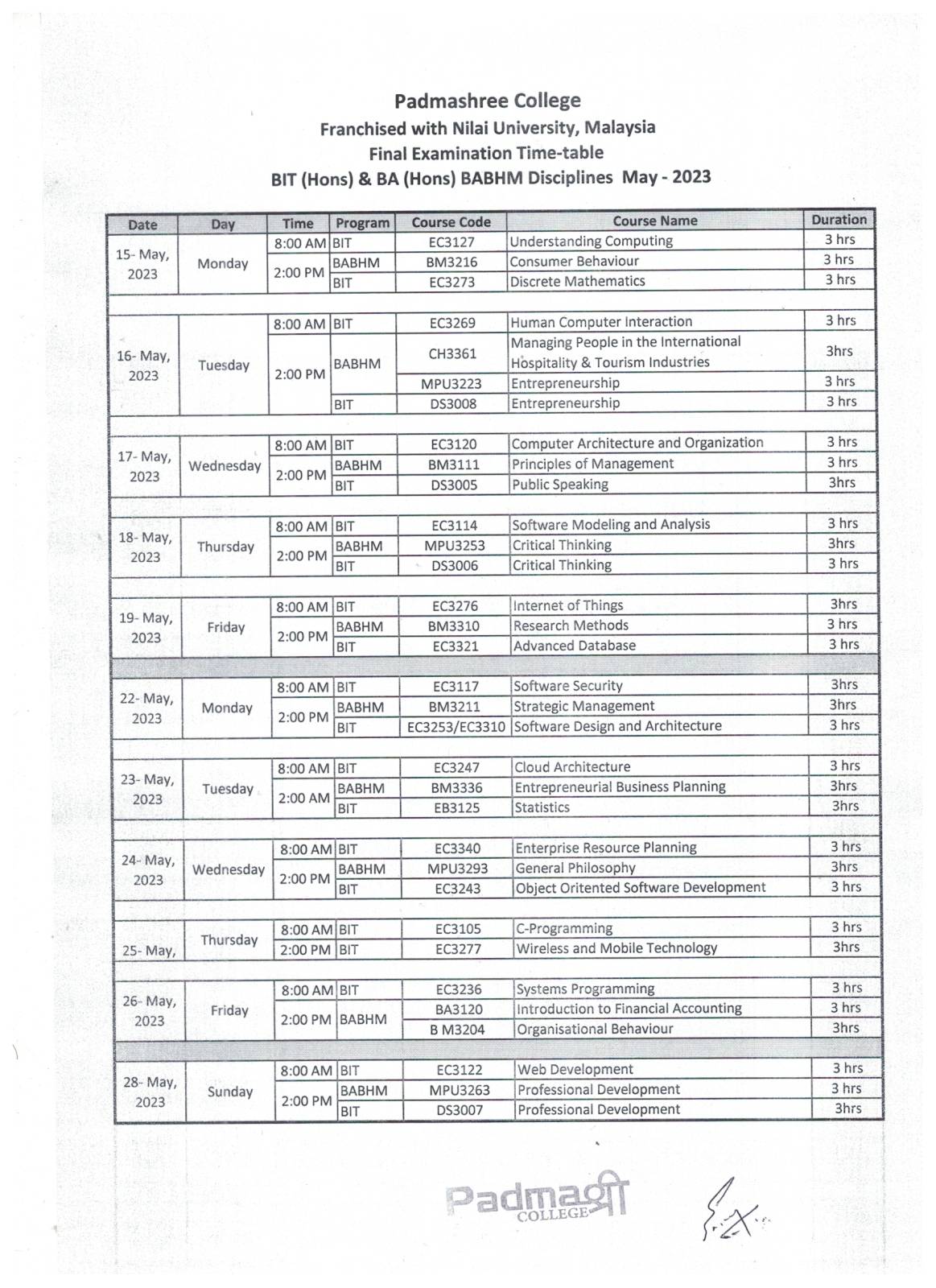 BIT and BABHM Final Exam Schedule 2023