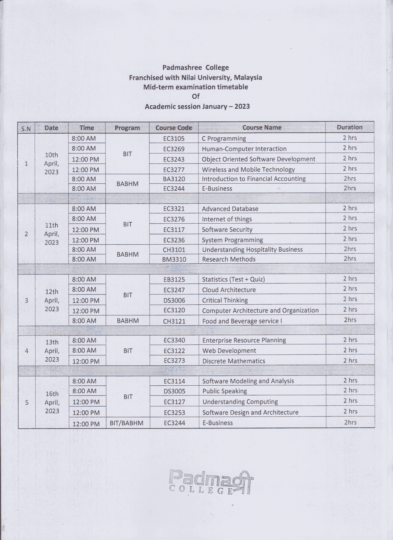 BIT and BABHM Mid-Term Exam Schedule