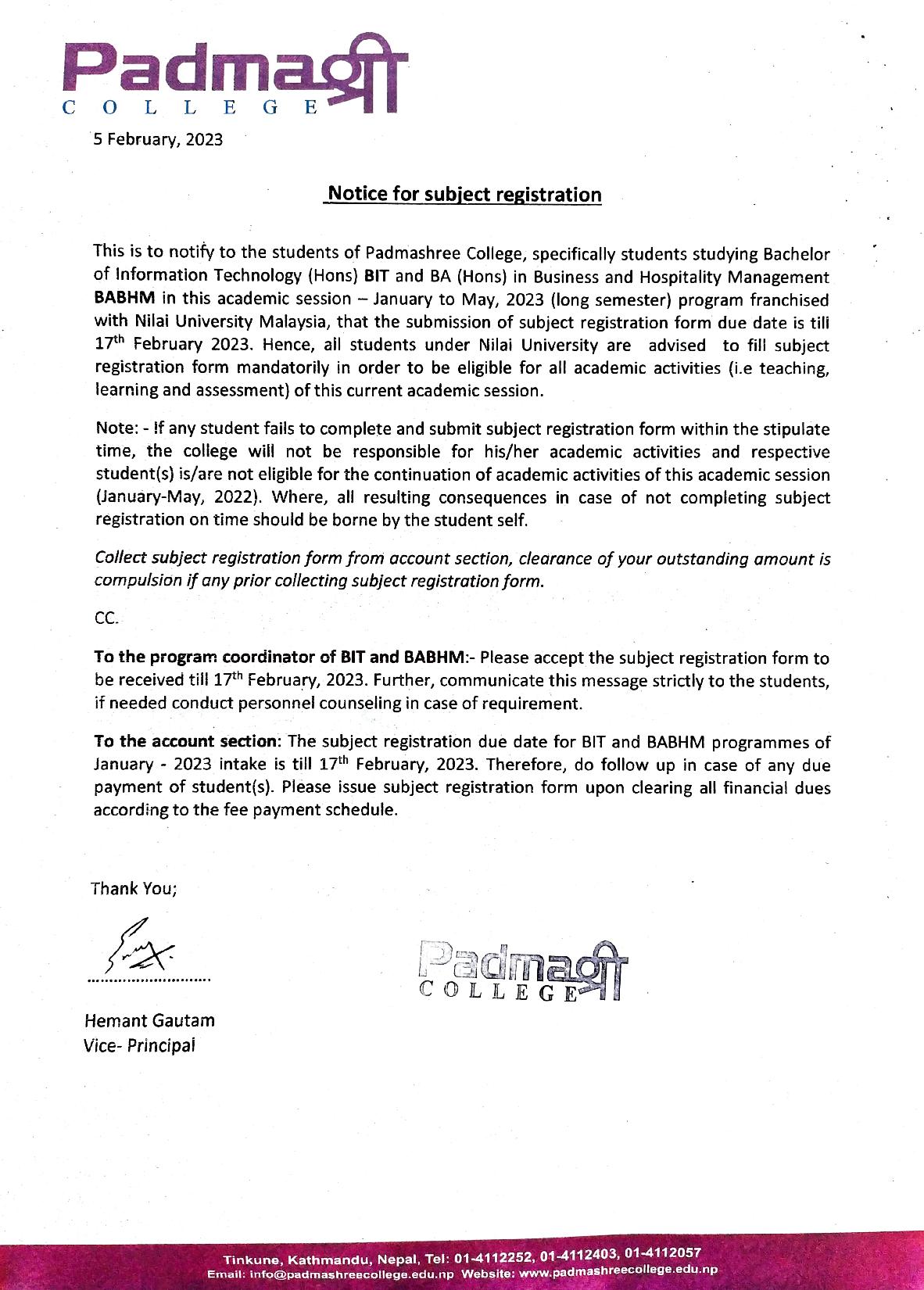 BIT and BABHM Subject Registration Notice