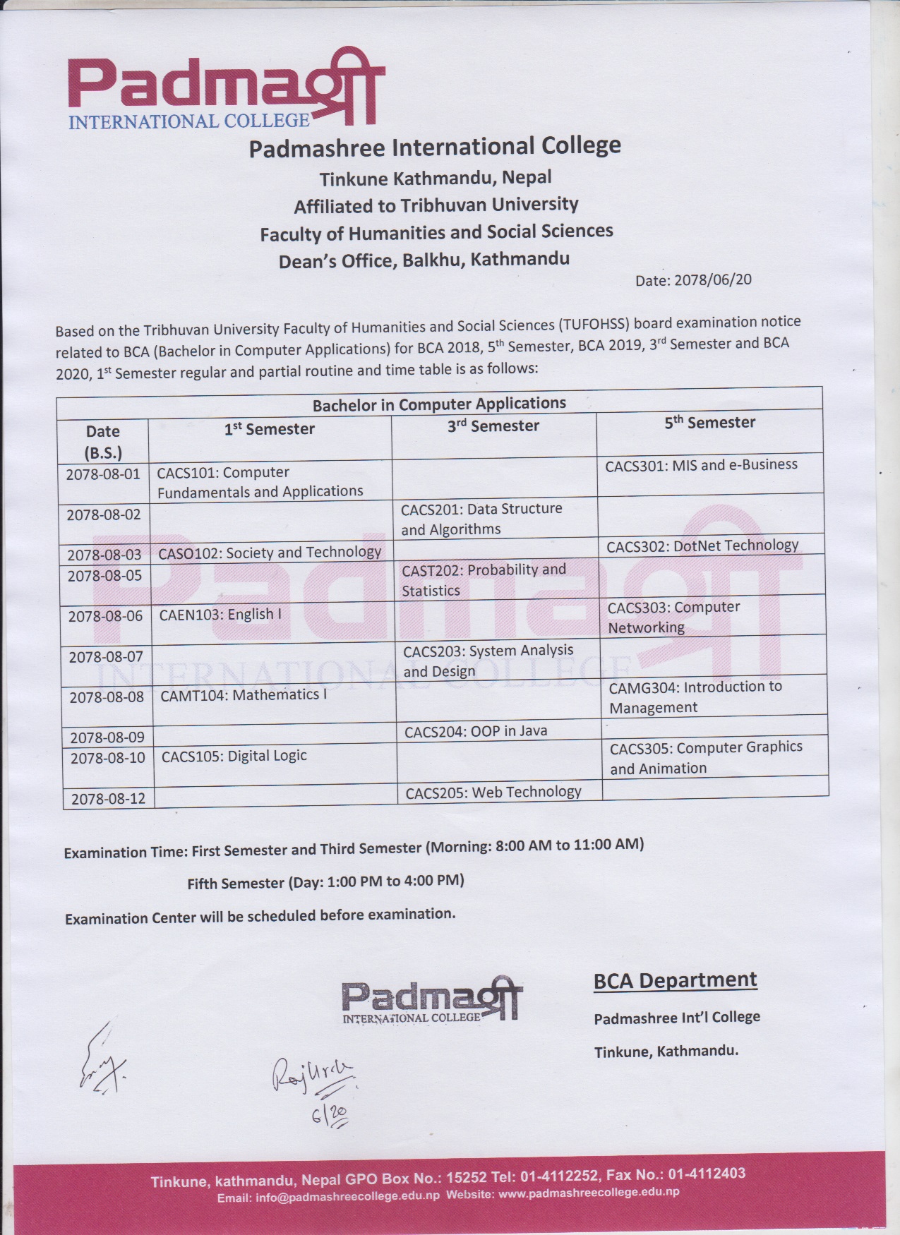 Board exam routine of BCA- 1st, 3rd and 5th semester -2078