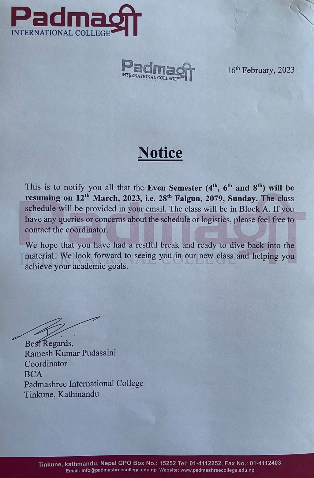 Notice for BCA Even Semesters Class Resumption