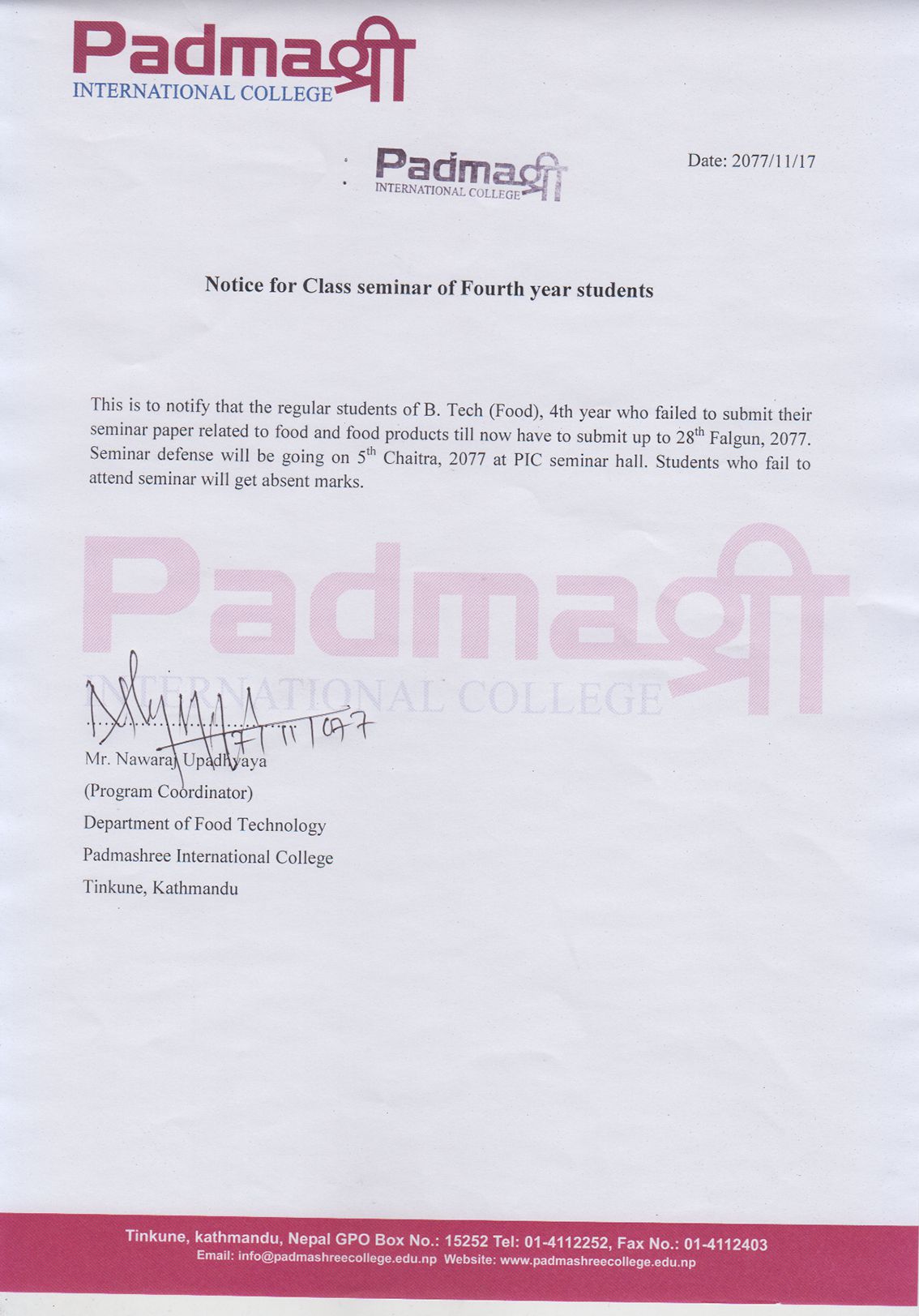 Notice for Class Seminar of fourth year students