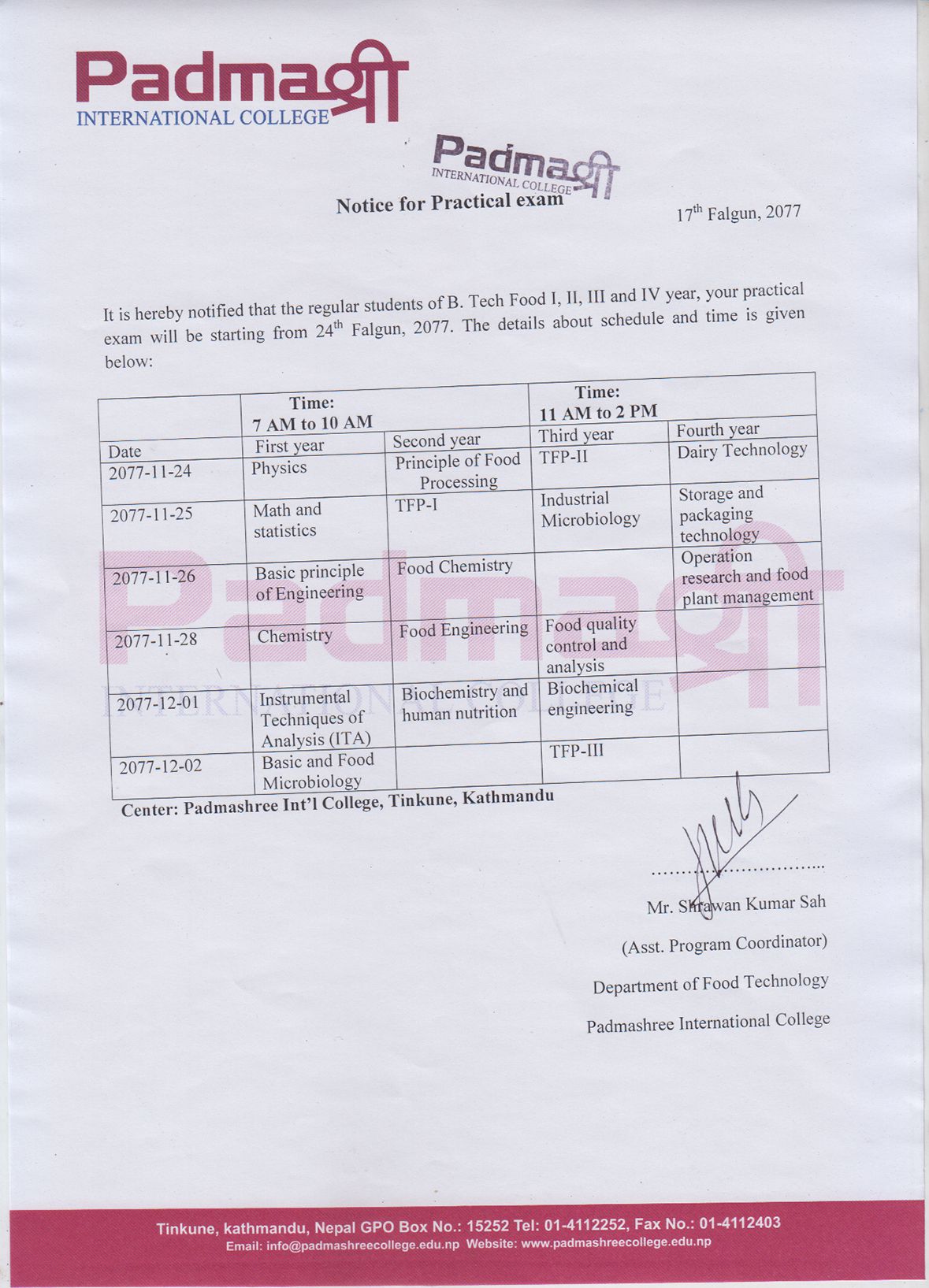 Notice for Practical exam of B. Tech Food students