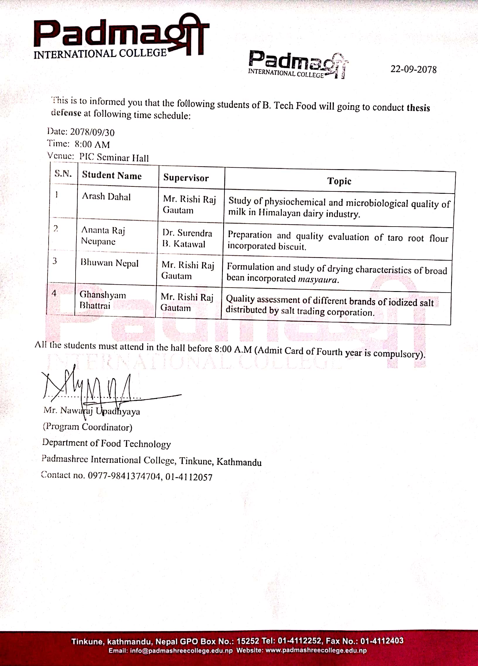 Notice for Thesis Defense of B. Tech(Food) Students