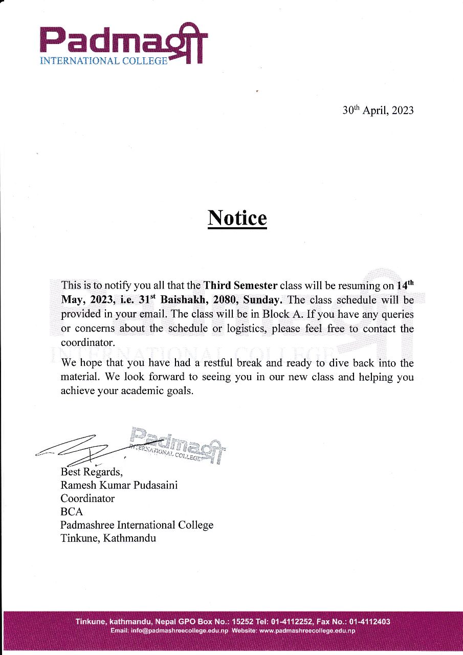 Resumption of Third Semester Class