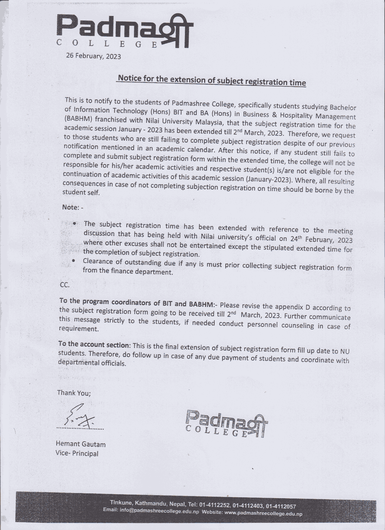 Subject Registration Extension Notice