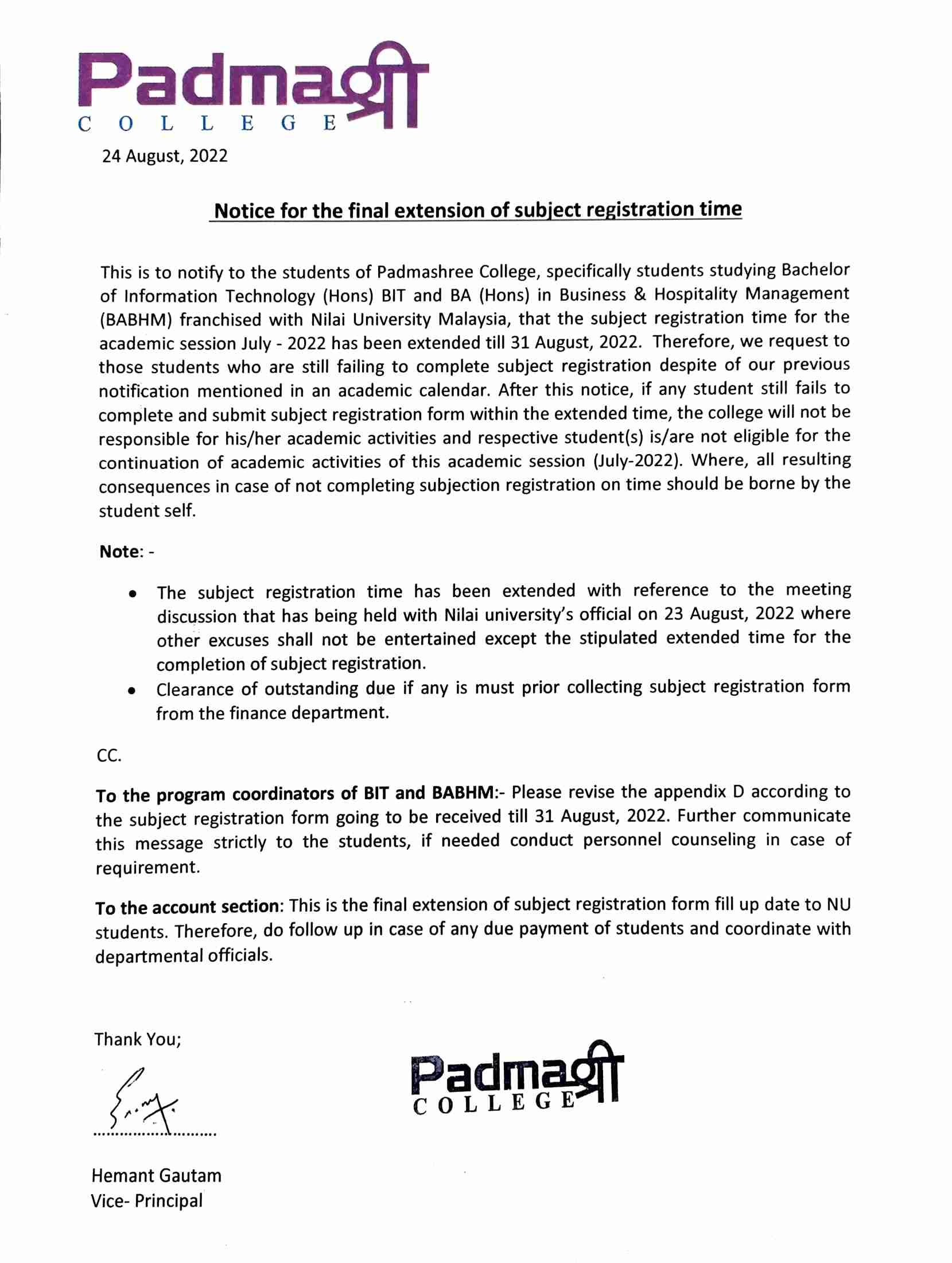 Subject Registration Final Extension Notice