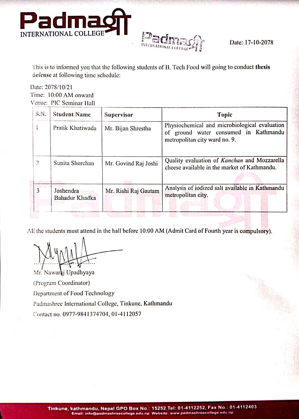 Thesis Defense of B.TECH (FOOD)