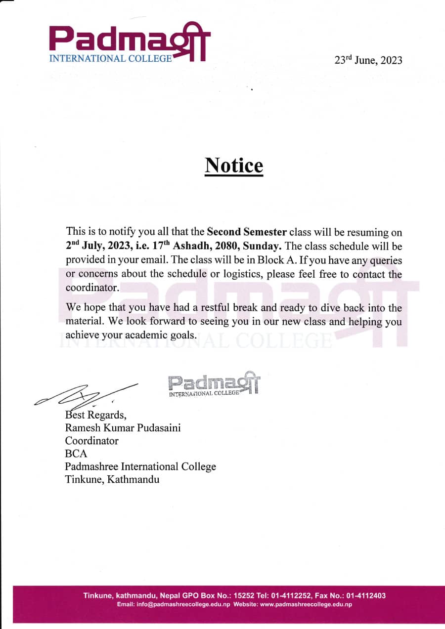 Resumption Notice of Second Semester Classes