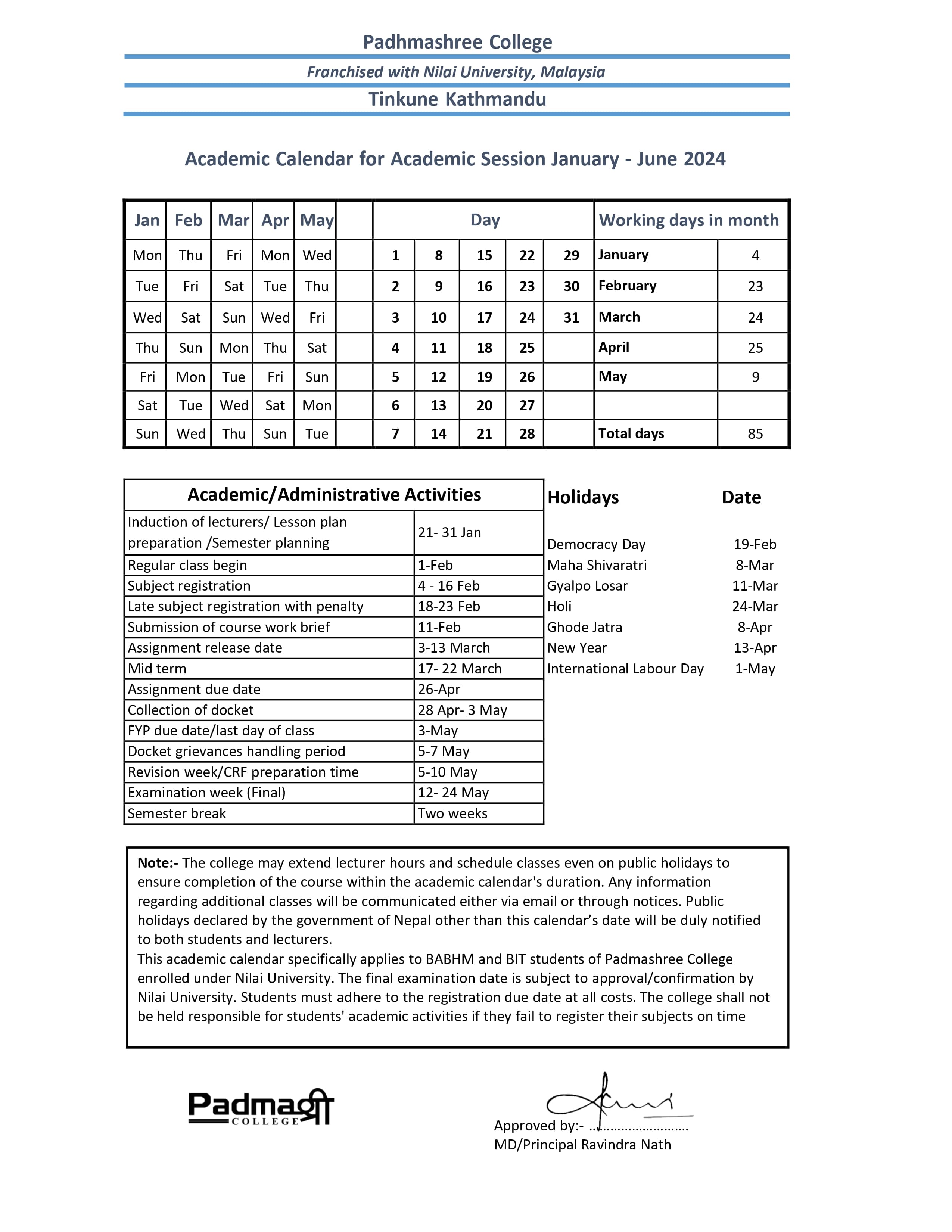 Academic Calendar for Academic Session January - June 2024