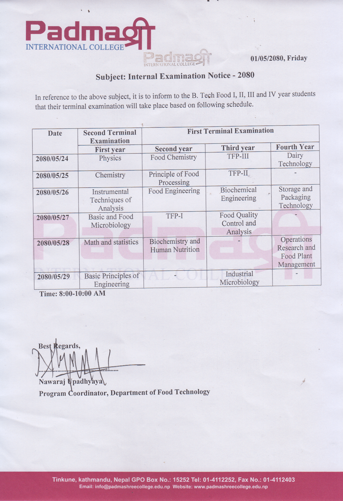 Internal Examination Routine of B.TECH(food) faculty